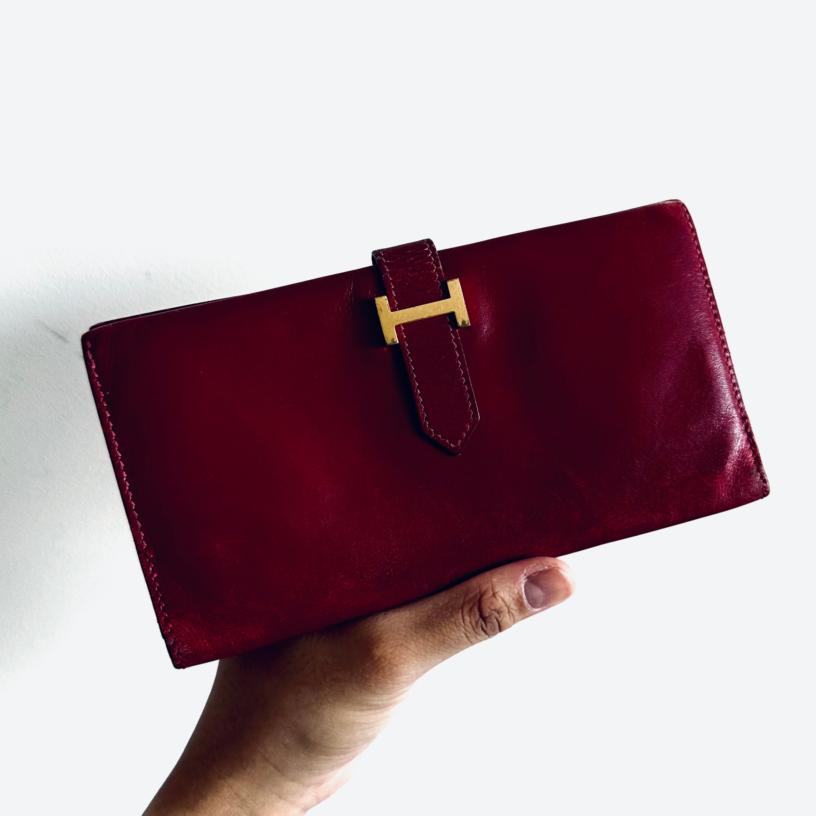 Hermes Dark Red GHW Bearn Smooth Box Leather H Logo Long Bifold Wallet ...