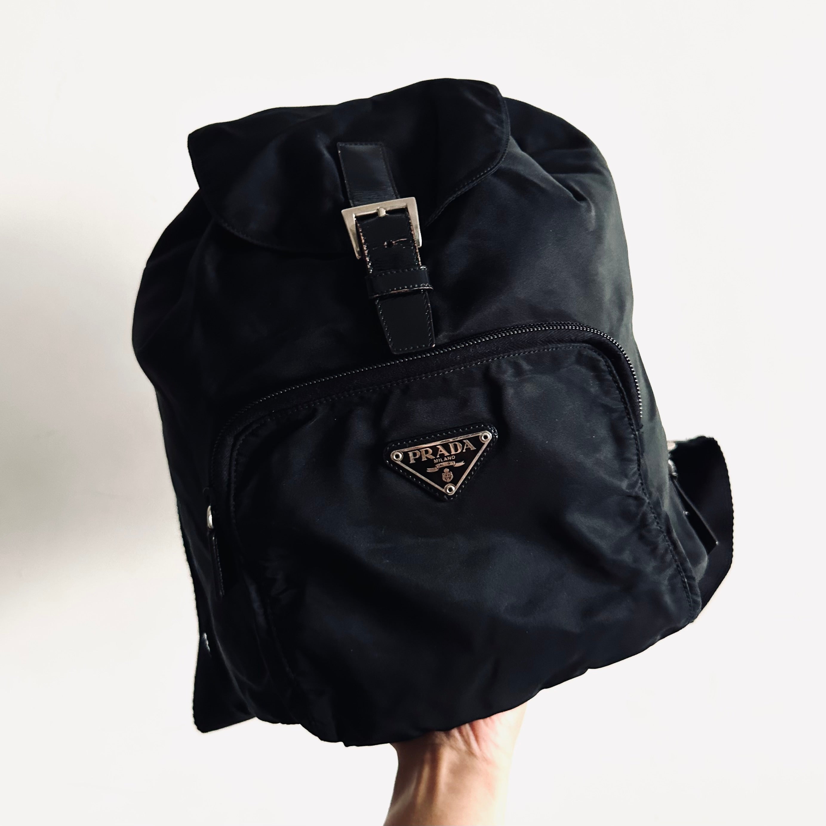 Prada Black Monogram Logo Tessuto Classic Nylon & Leather Backpack Bag ...