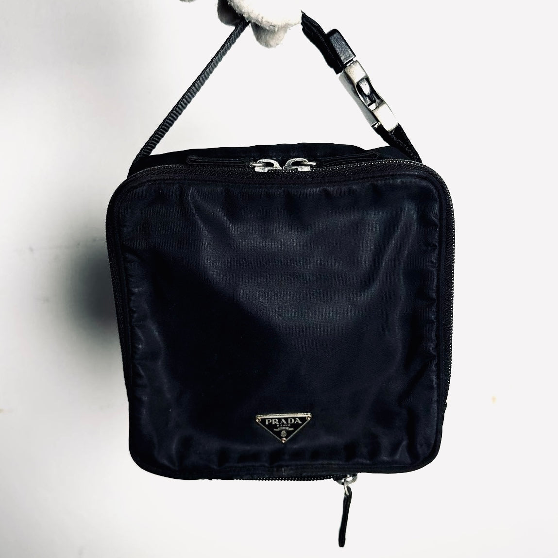 Prada Black Tessuto Monogram Logo Top Handle Hobo Pochette Vanity Case ...