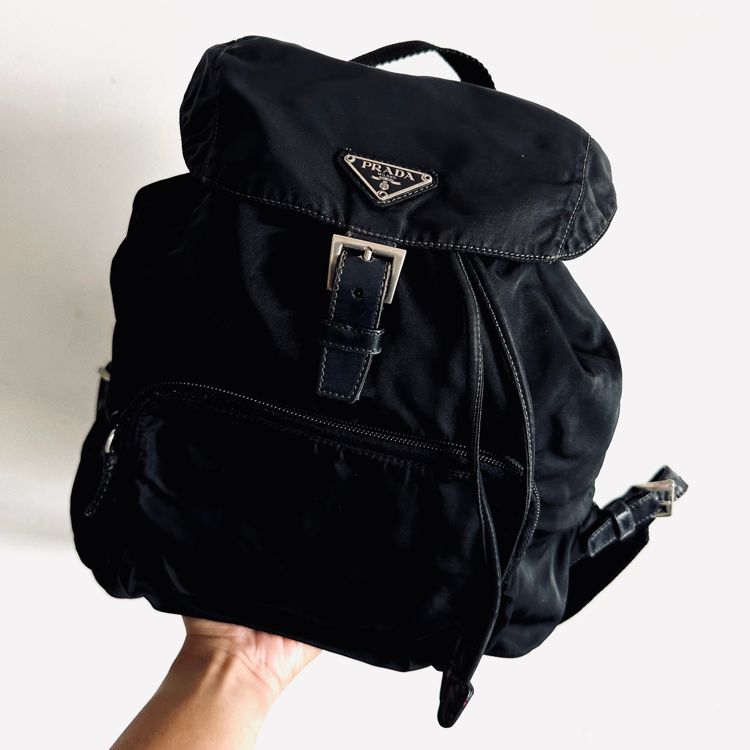 Prada Tessuto Classic Black Monogram Logo Nylon & Leather Backpack Bag ...