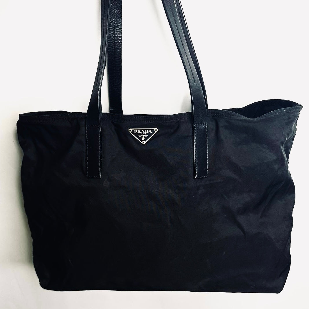 Prada Black Classic Tessuto Monogram Logo Nylon Shoulder Shopper Bosto ...